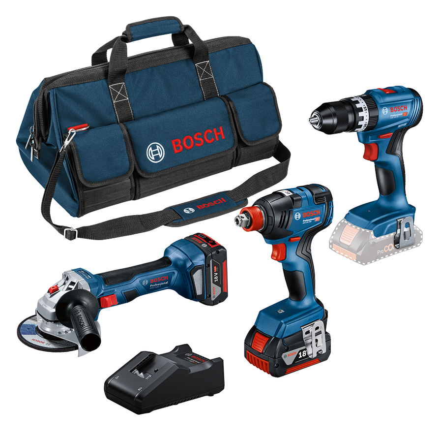 Bosch 3 tool kit 18V: GSB 18V-45 + GDX 18V-200 + GWS 18V-7 + 2x5.0Ah ...